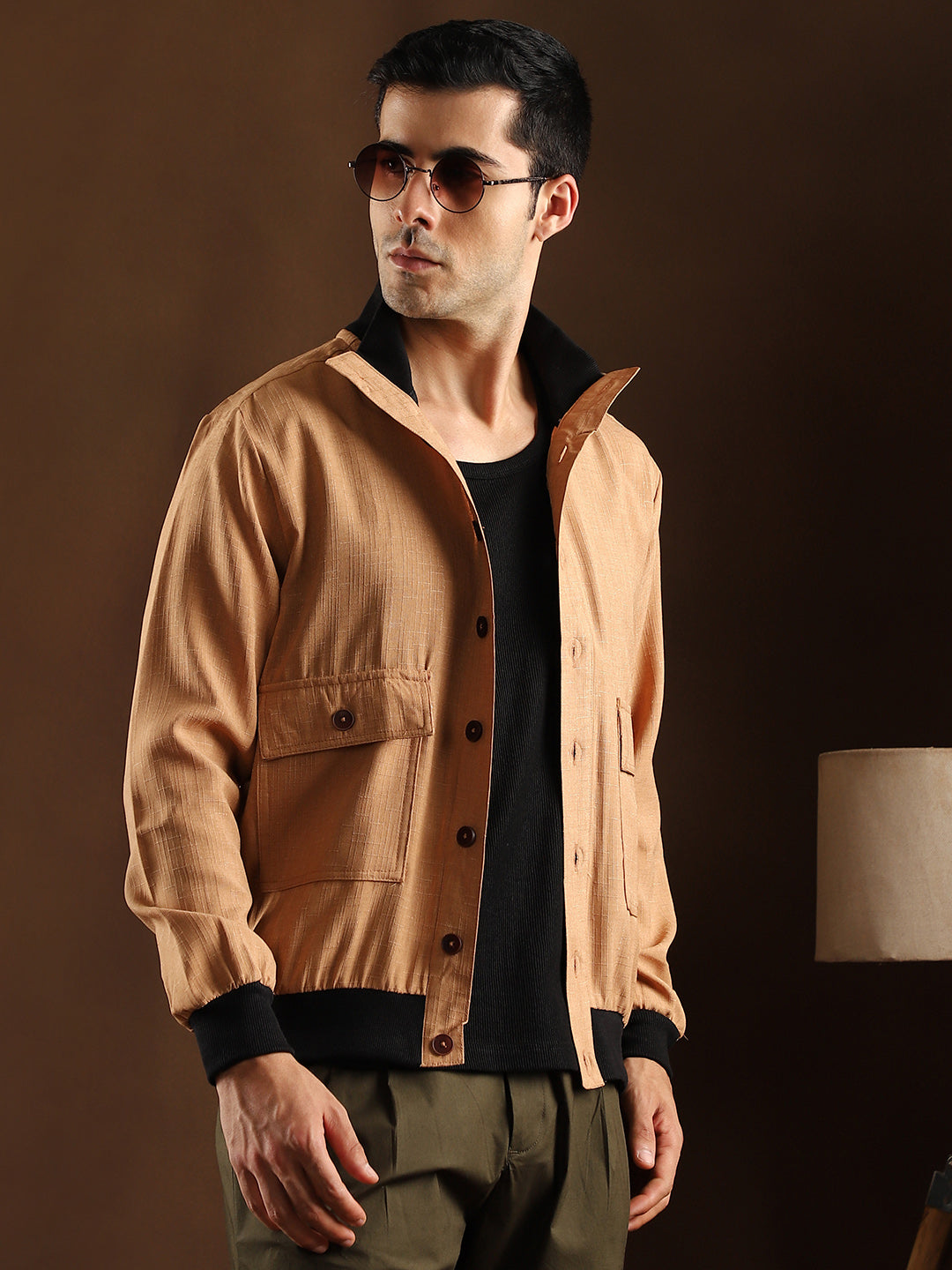 ₹1,299 | Campus Sutra Men's Khaki Beige Tactile-Utility Bomber Jacket ...