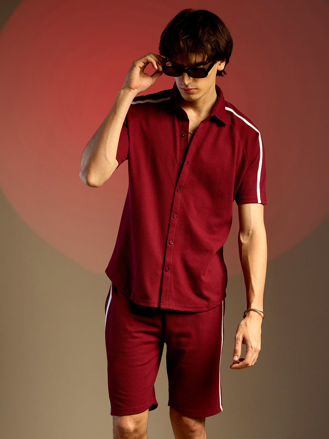 ₹1,349 | Campus Sutra men's Ruby Red Side-Striped Co-Ord Set - Campussutra