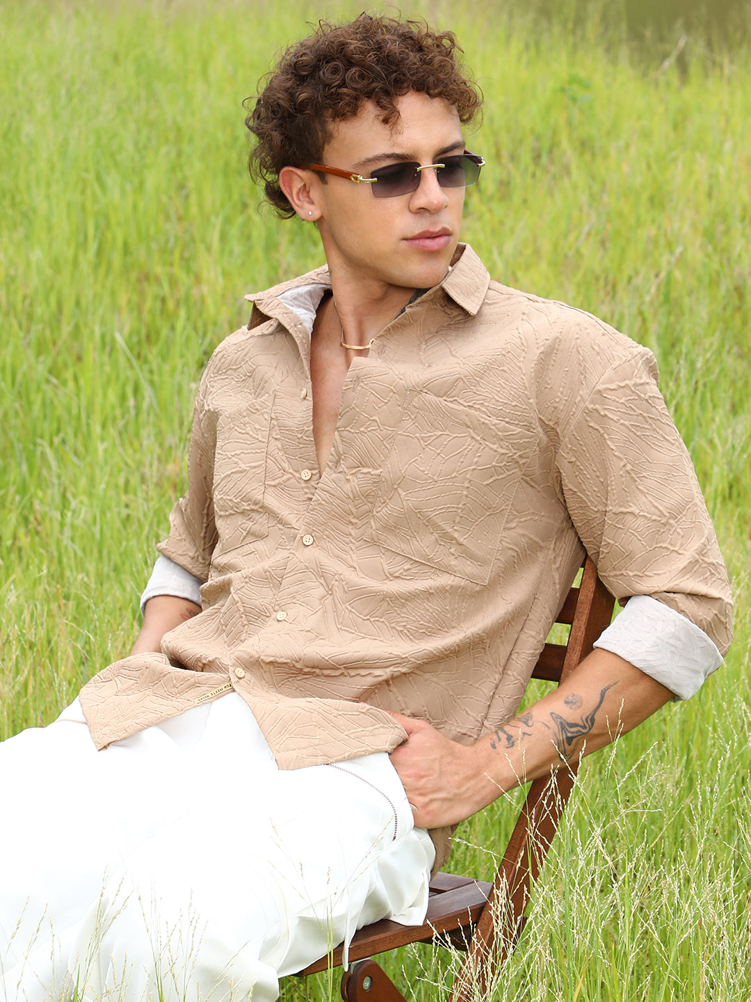 ₹899 | Campus Sutra men's Buff Beige Foliage-Tactile Shacket - Campussutra