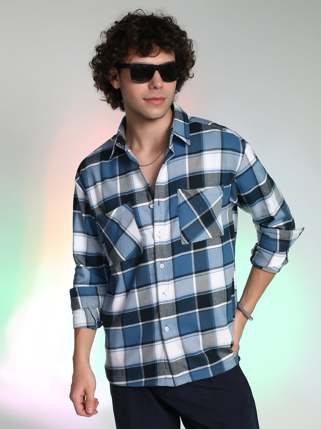 ₹999 | Campus Sutra men's Ocean Blue Tartan Utility Shacket - Campussutra