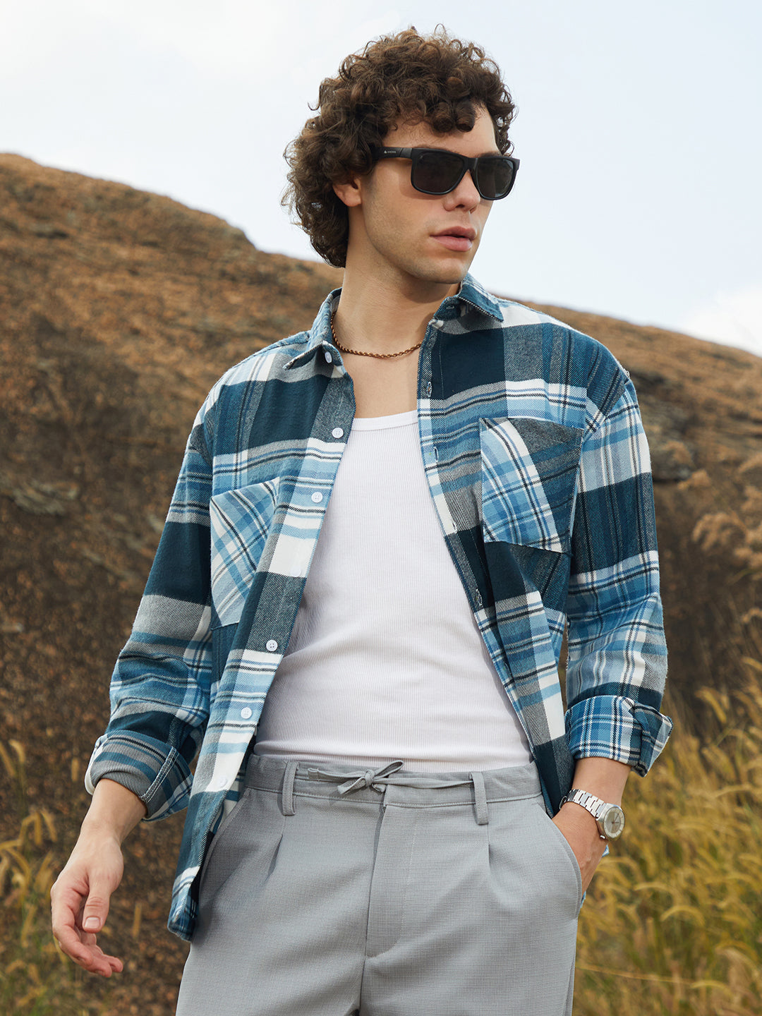 ₹999 | Campus Sutra Men's Prussian Blue Tartan Utility Shacket ...