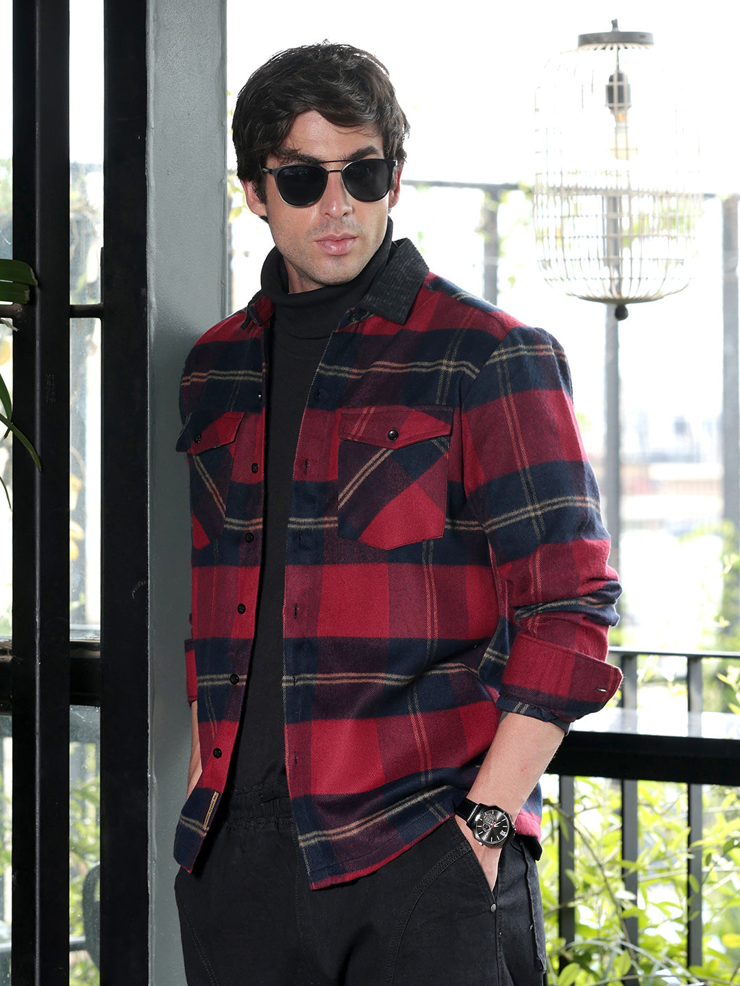 ₹999 | Campus Sutra Men's Crimson Red Contrast-Tartan Shacket - Campussutra