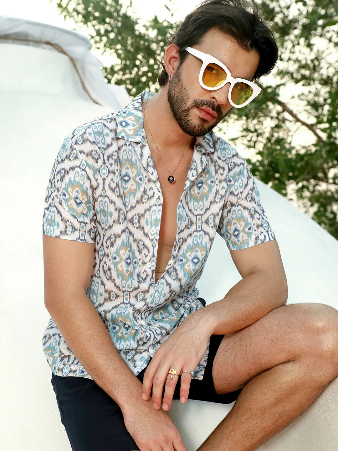 ₹797 | Campus Sutra men's Ivory White & Sage Green Ikkat Shirt - Campussutra