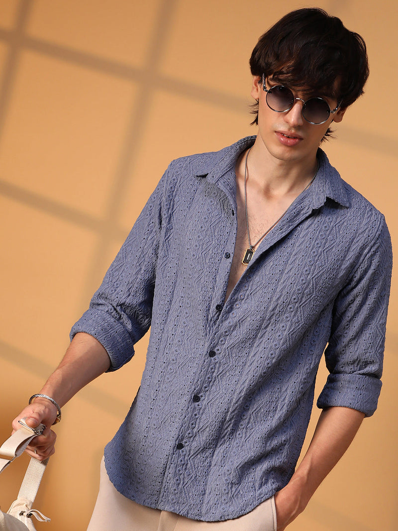 ₹899 | Campus Sutra men's Stone Blue Aztec-Textured Shirt - Campussutra