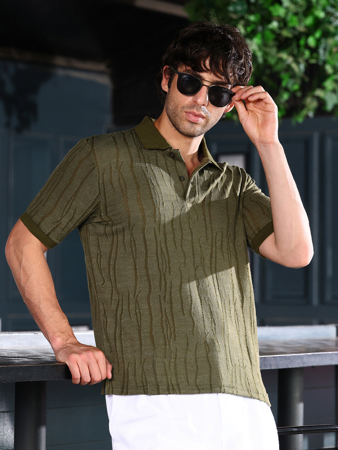 ₹899 | Campus Sutra Men's Dark Olive Crevice-Jacquard Polo T-Shirt ...