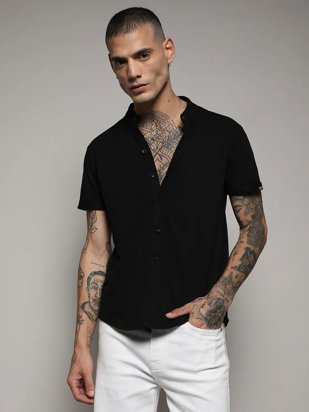 ₹899 | Campus Sutra Men's Jet Black Basic Shirt - Campussutra