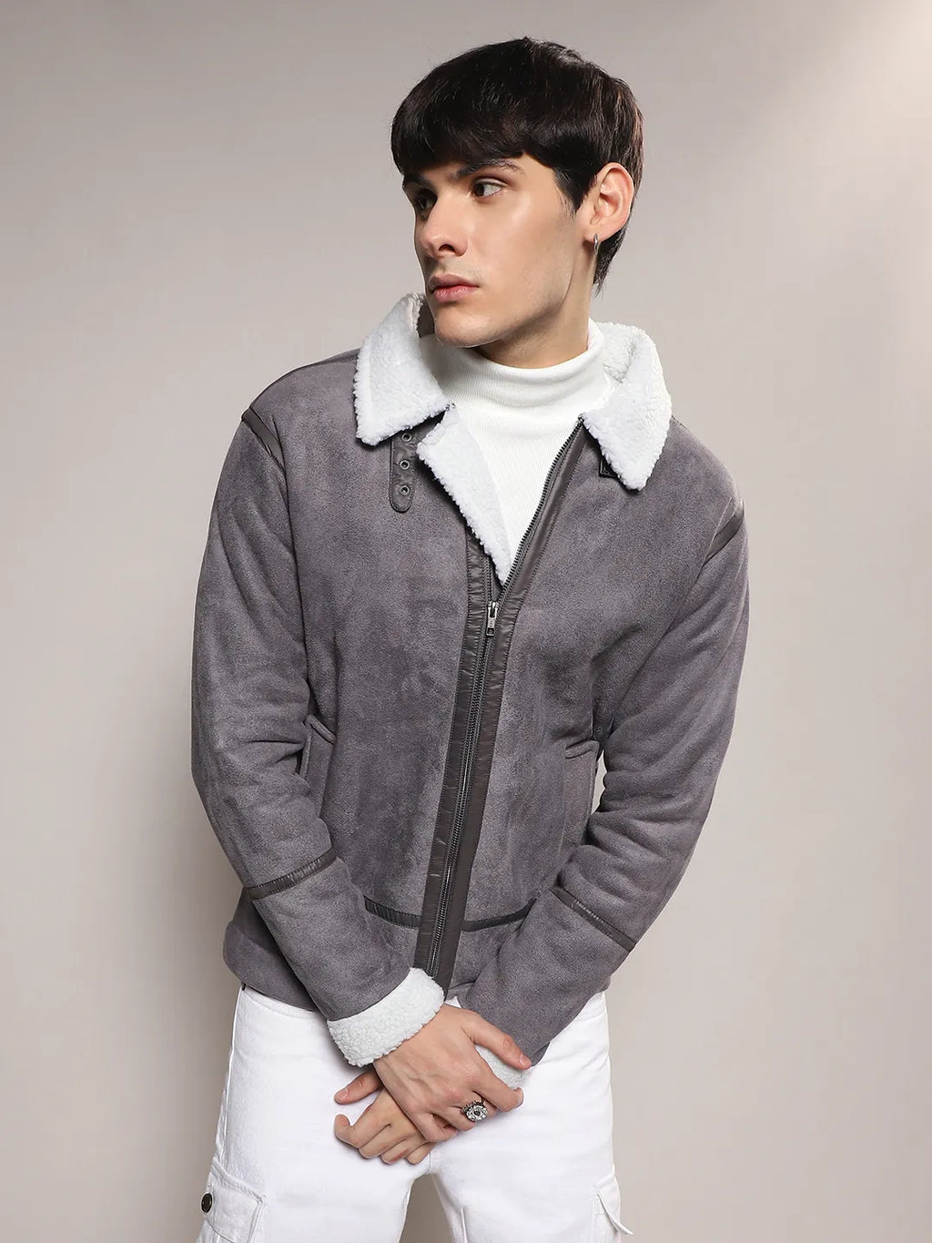 ₹2,399 | Campus Sutra Men's Moon Grey & Chalk White Fleece Lined Biker ...