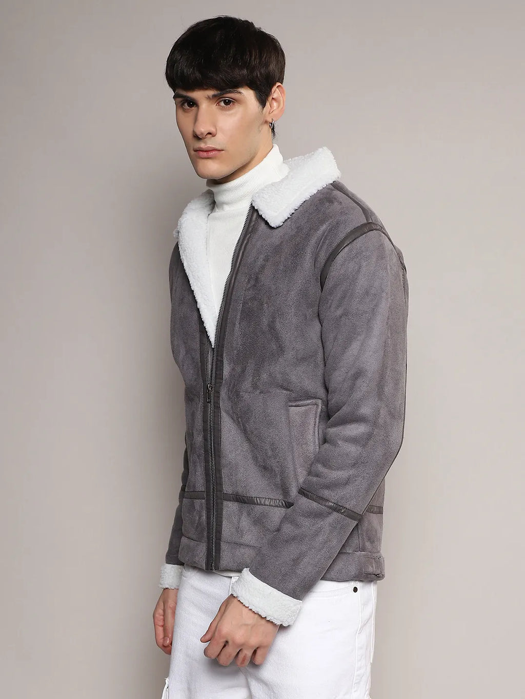 ₹2,399 | Campus Sutra Men's Moon Grey & Chalk White Fleece Lined Biker ...