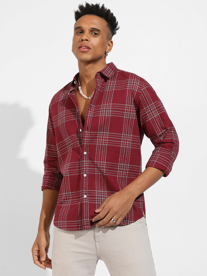 ₹849 | Campus Sutra Men's Maroon Red Chalk Tartan Plaid Shirt - Campussutra