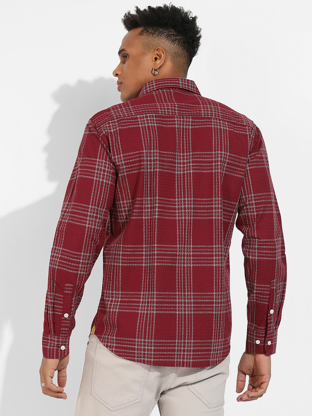 ₹849 | Campus Sutra Men's Maroon Red Chalk Tartan Plaid Shirt - Campussutra